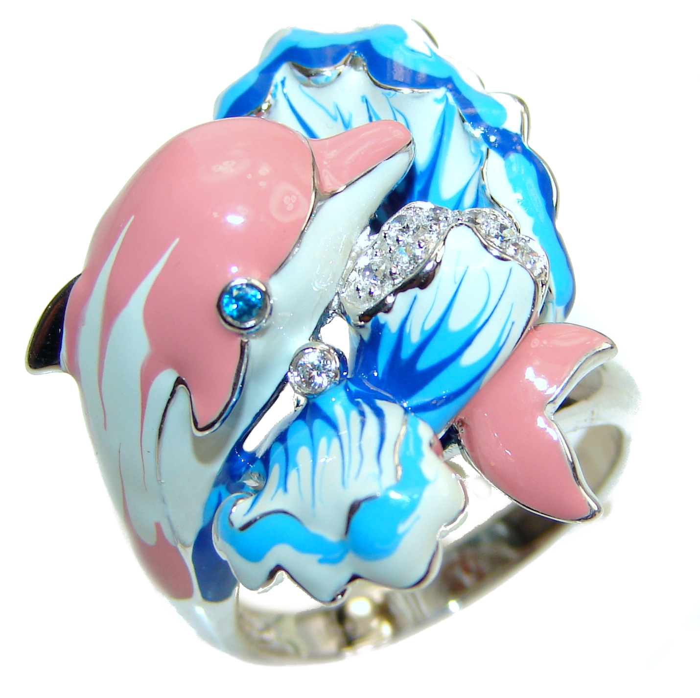 HUGE Fabulous Dolphin Enamel .925 Sterling Silver Ring s. 9 1/2 - model ...