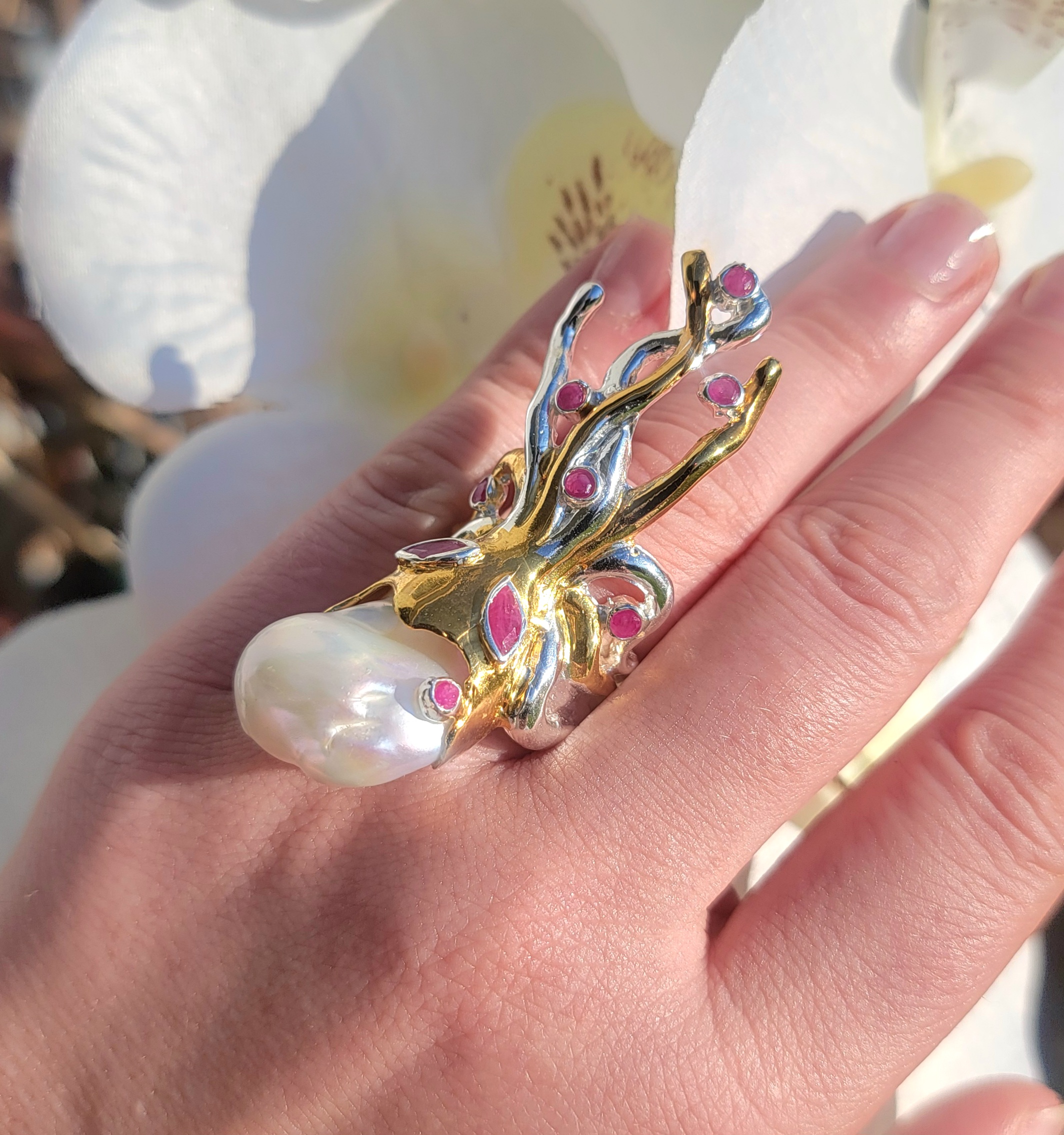 Handcrafted Ruby Octopus Ring – Gold over Sterling Silver