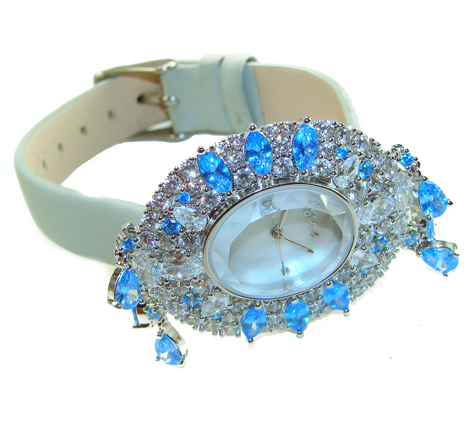 Precious 18.5 carat Authentic Swiss Blue Topaz Genuine Leather strap ...